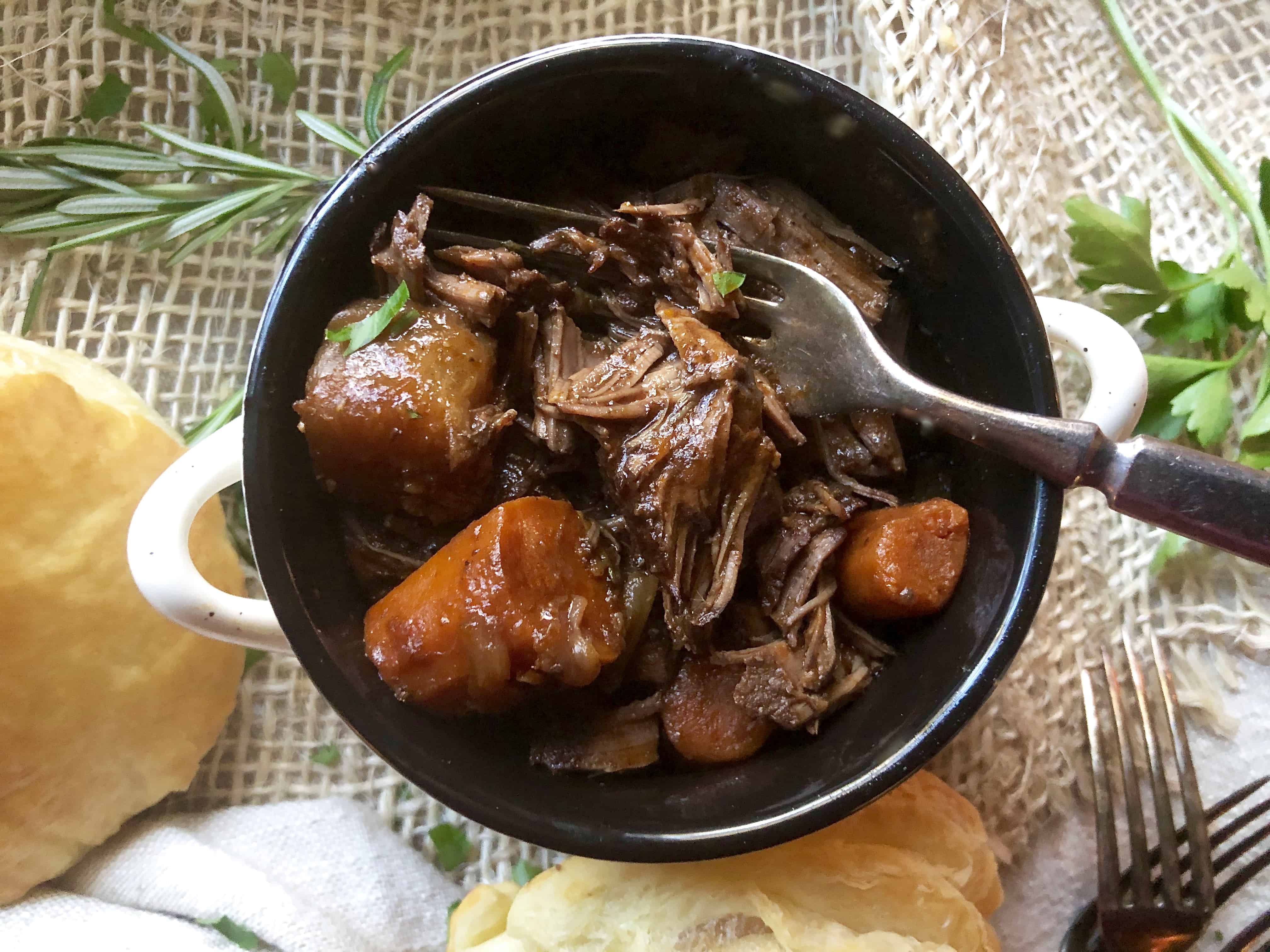 scrumptious braised beef with flaky topping - a hint of rosemary